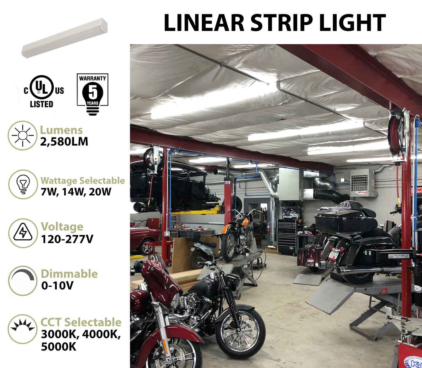 2FT LED Narrow Strip Light, 2580 Lumen Max, Wattage and CCT Selectable ...