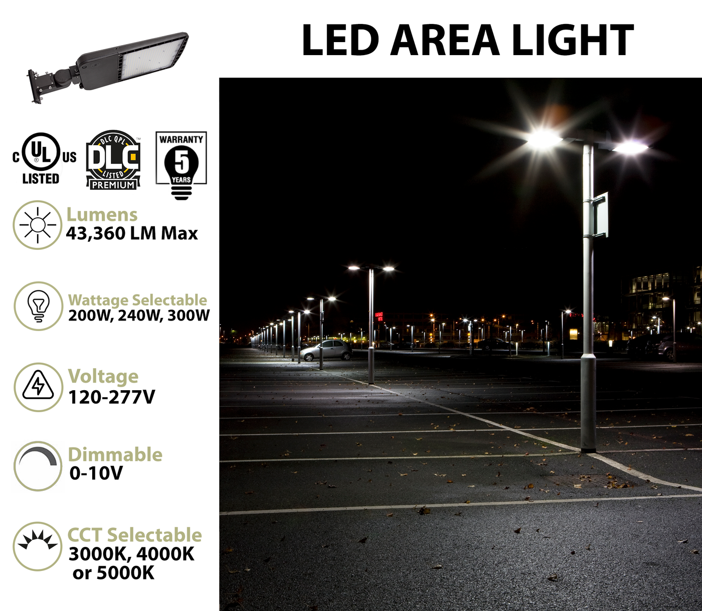 LED Area/Parking Lot Light, 43,360 Lumen Max, Wattage & CCT Selectable ...