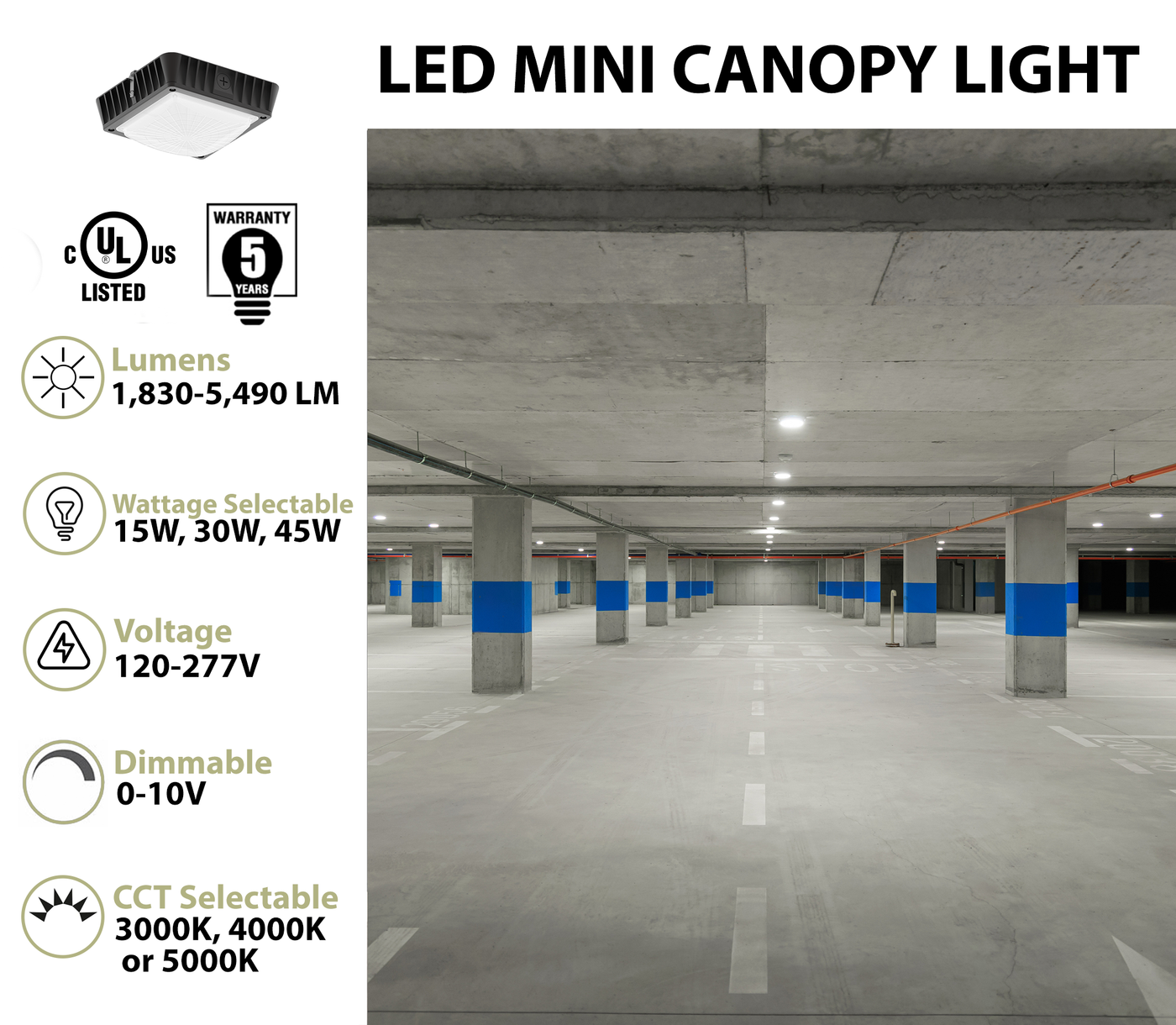 LED Mini Canopy Light, 5490 Lumen Max, Wattage and CCT Selectable, 120 ...