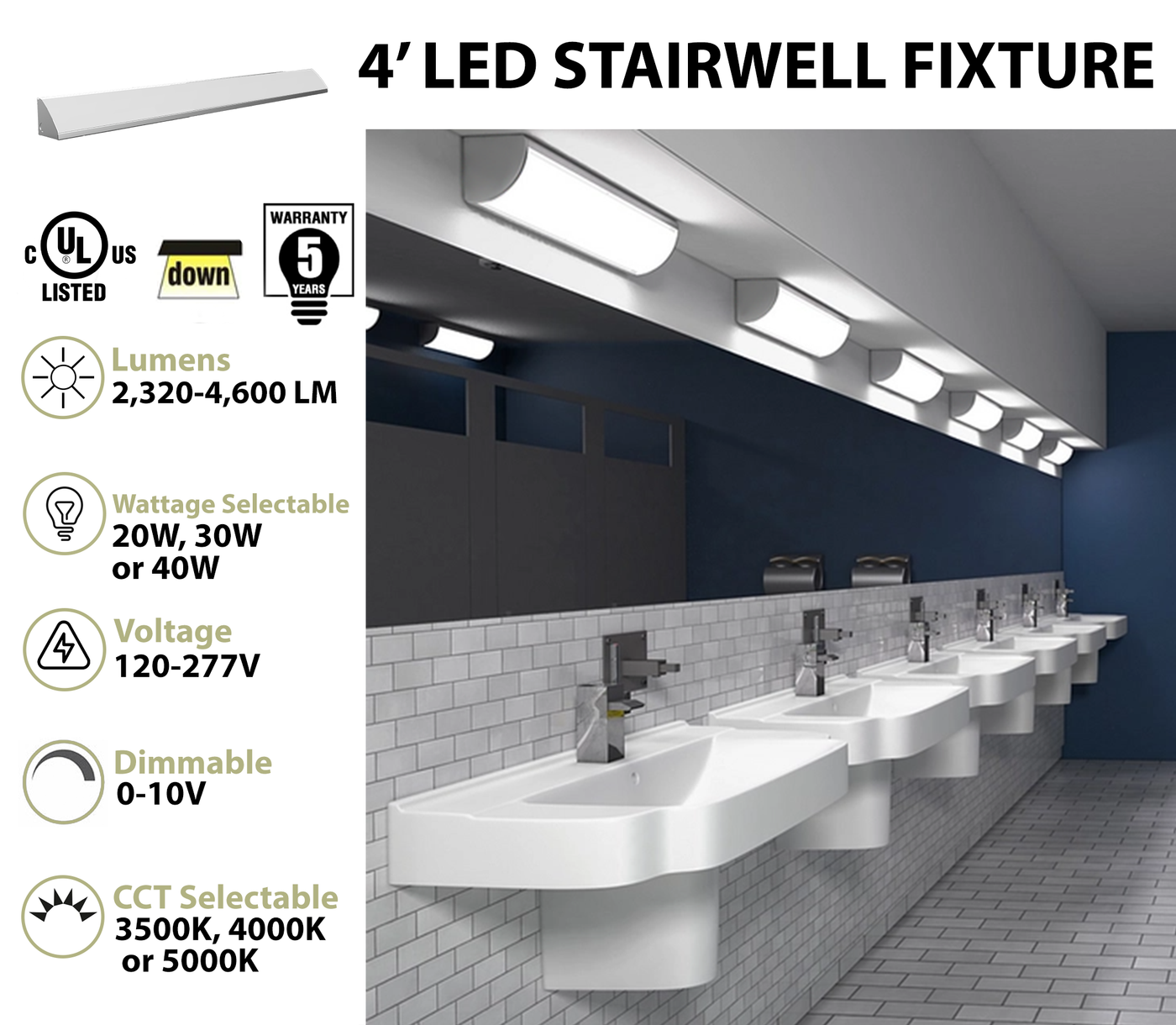 4 Foot LED Stairwell / Corridor Light, 4600 Lumen Max, Wattage and CCT ...