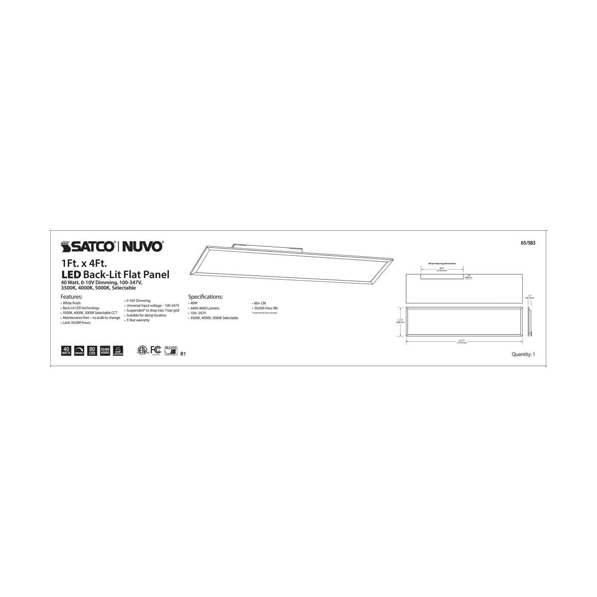 1x4 LED Backlit Flat Panel, 40 Watt, CCT Selectable, 100-347V - 65-583 ...