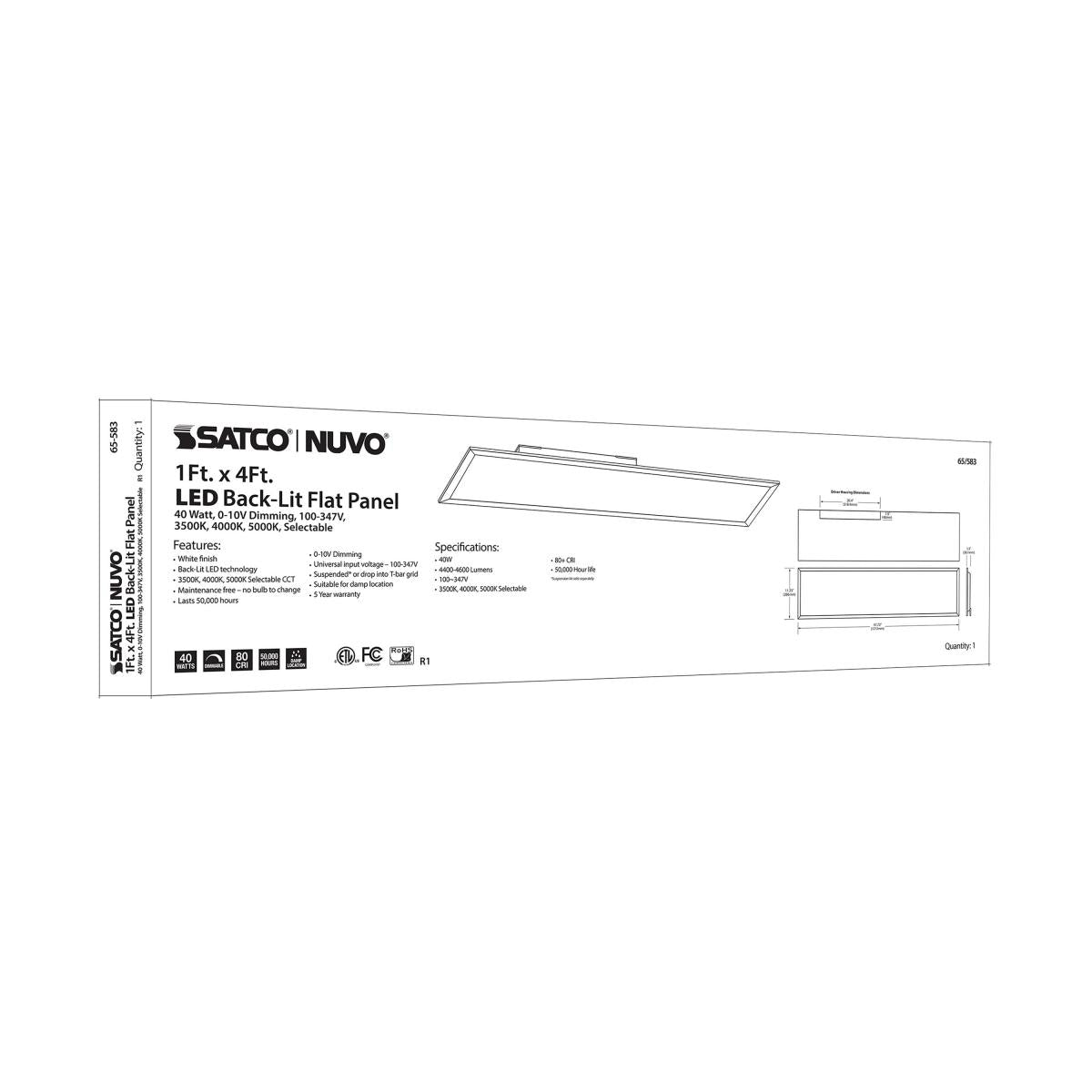 1x4 LED Backlit Flat Panel, 40 Watt, CCT Selectable, 100-347V - 65-583 ...