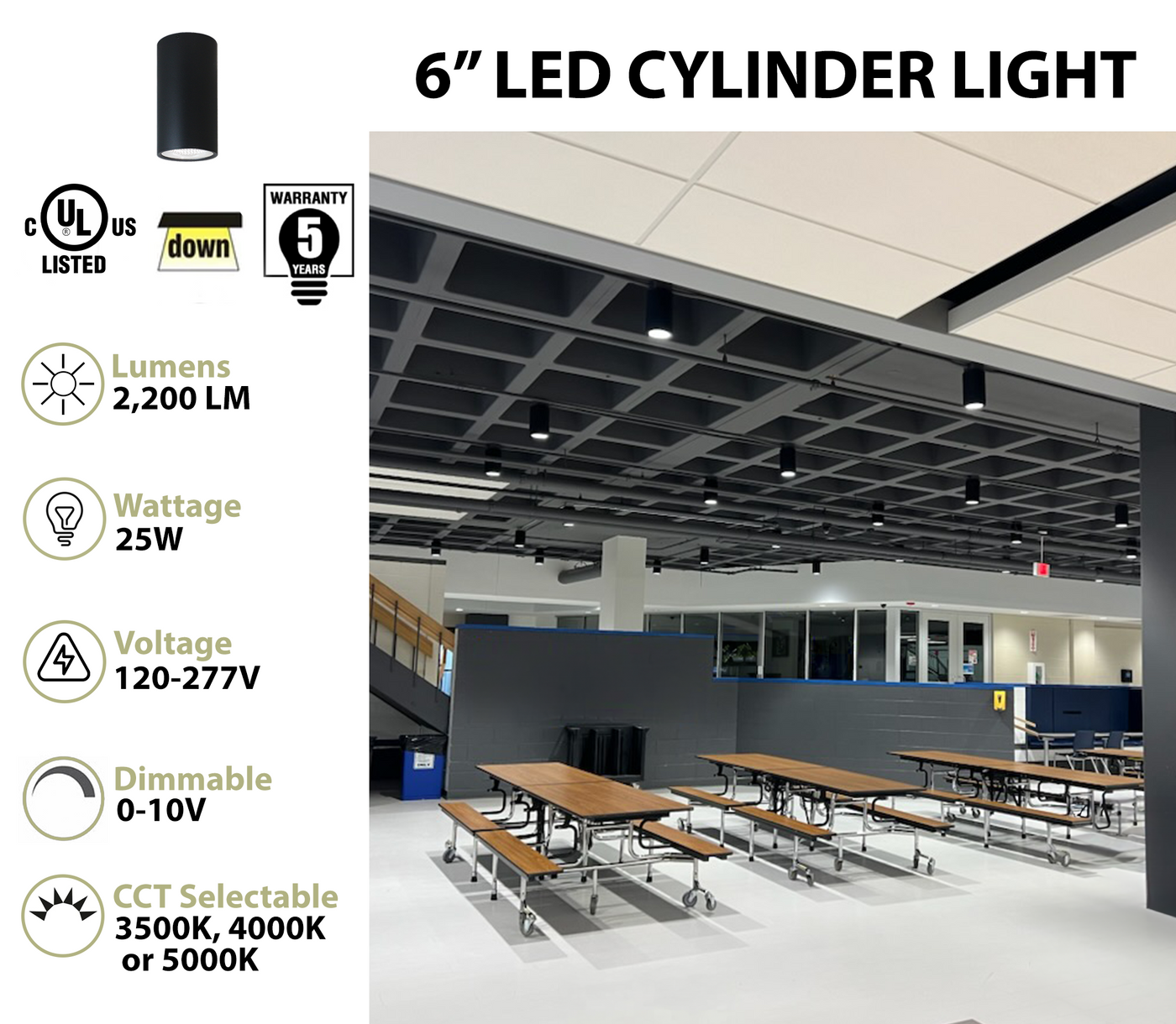 6" LED Architectural Cylinder Light Fixture, 2200 Lumens, 25W, CCT ...