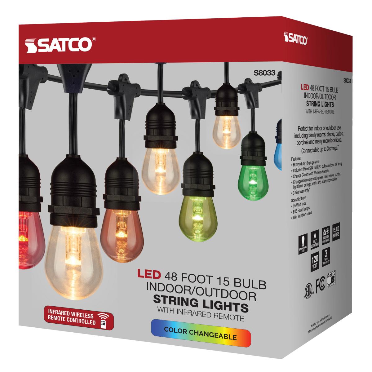 48FT, LED String Light; 15-S14 lamps, 12 Volts, RGBW with Infrared ...