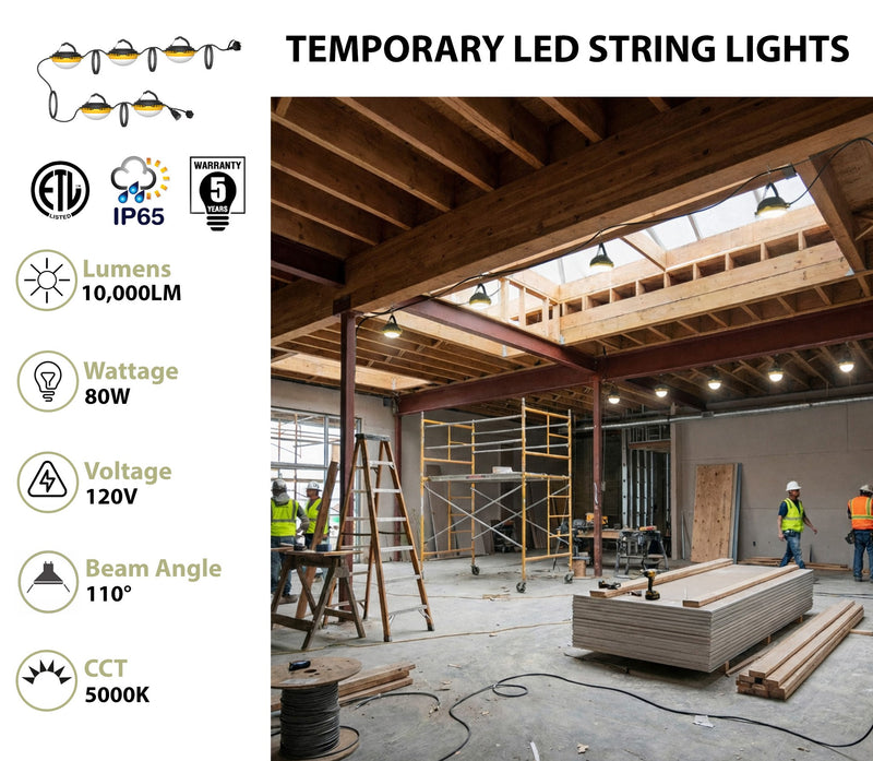 50FT Temporary LED Stringer Work Lights, 80W, 10,000 Lumens, 5000K ...