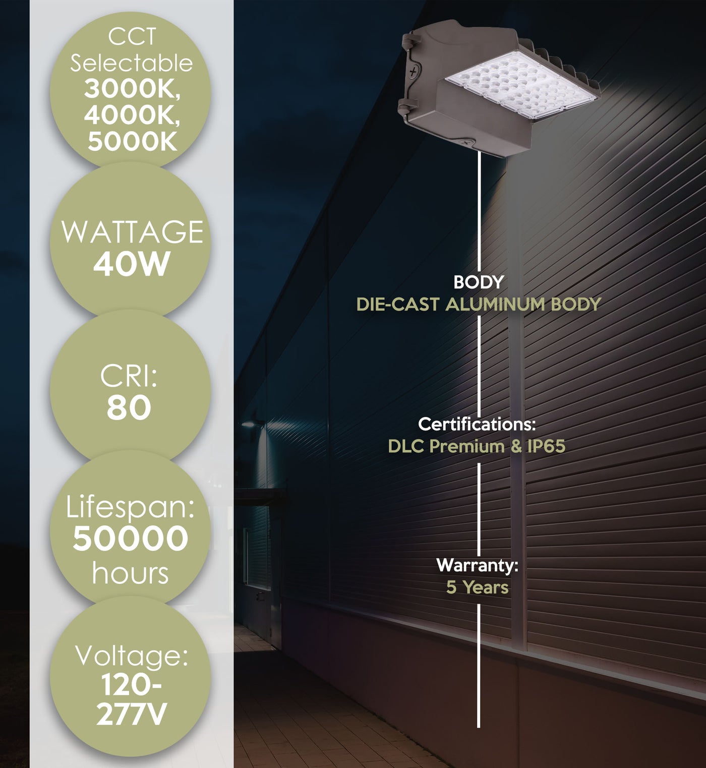 Full Cutoff LED Wall Pack Light, 40 Watt, 5770 Lumen Max, CCT ...