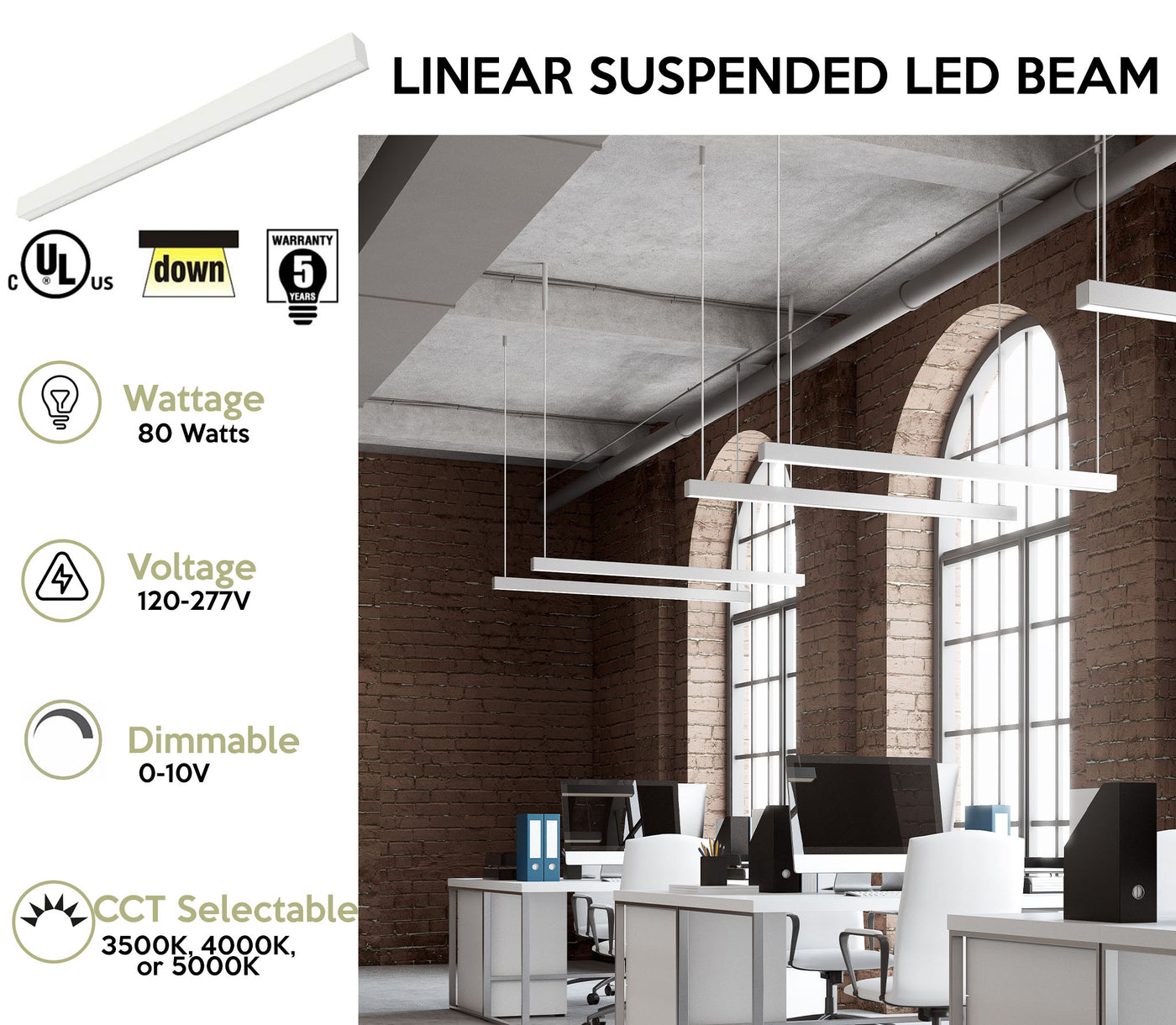 8ft Linear Beam, 80W, 120-277V, CCT Selectable | Warehouse-Lighting.com